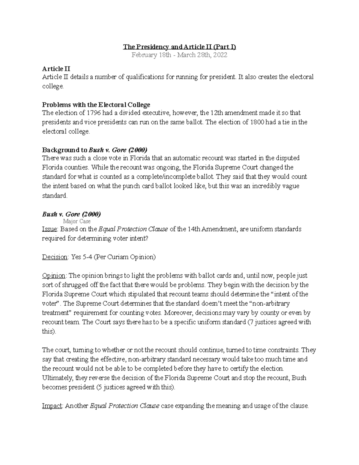 PLSC 471 Notes- The Presidency (Part I) - The Presidency and Article II ...