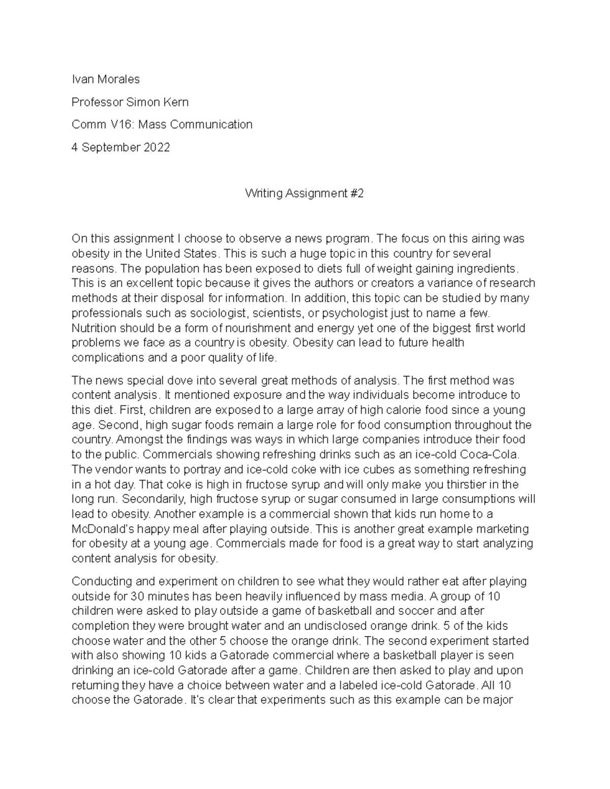 Mass media #2 - assignment #2 - Ivan Morales Professor Simon Kern Comm ...