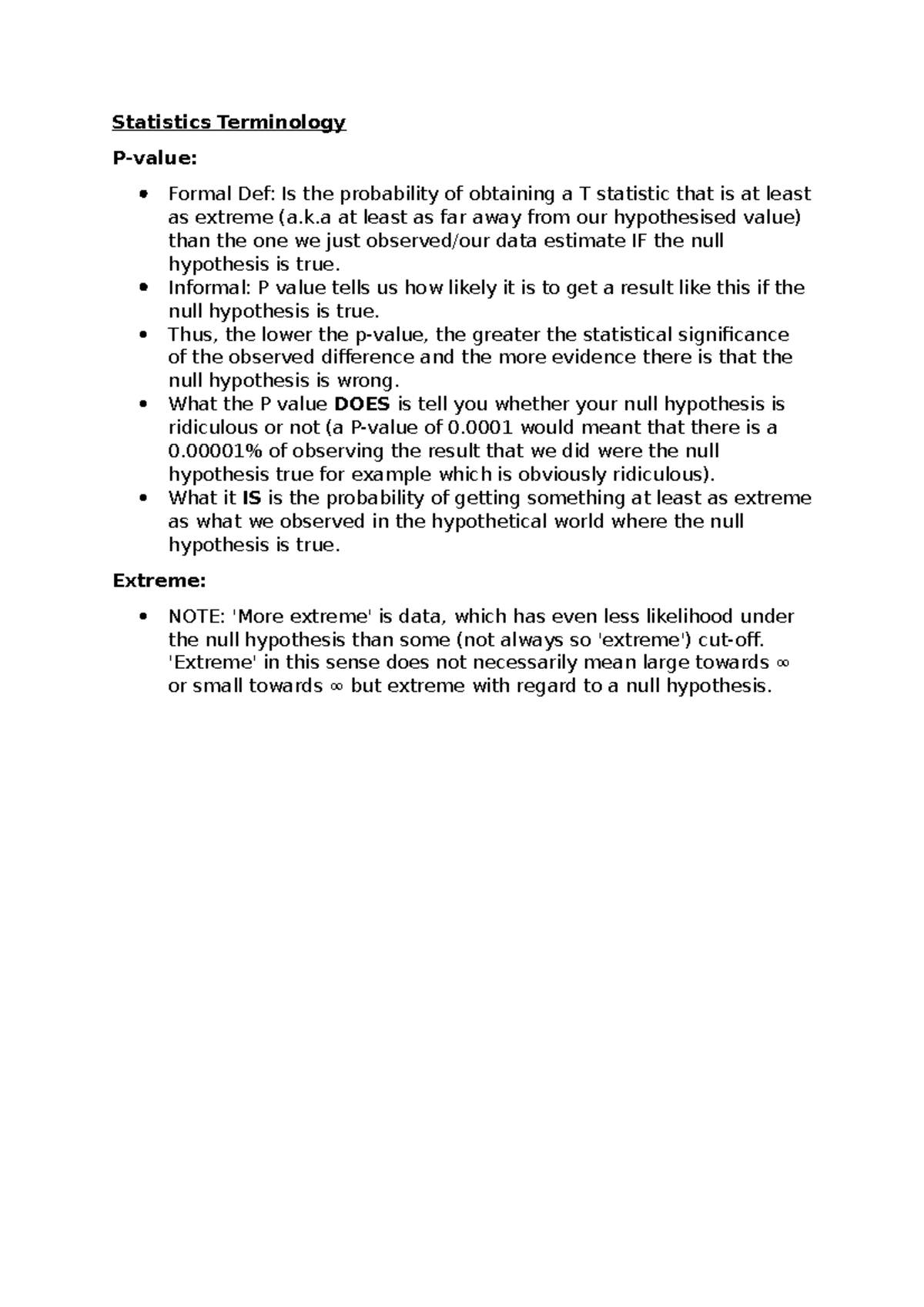 Statistics Terminology - Statistics Terminology P-value: Formal Def: Is ...