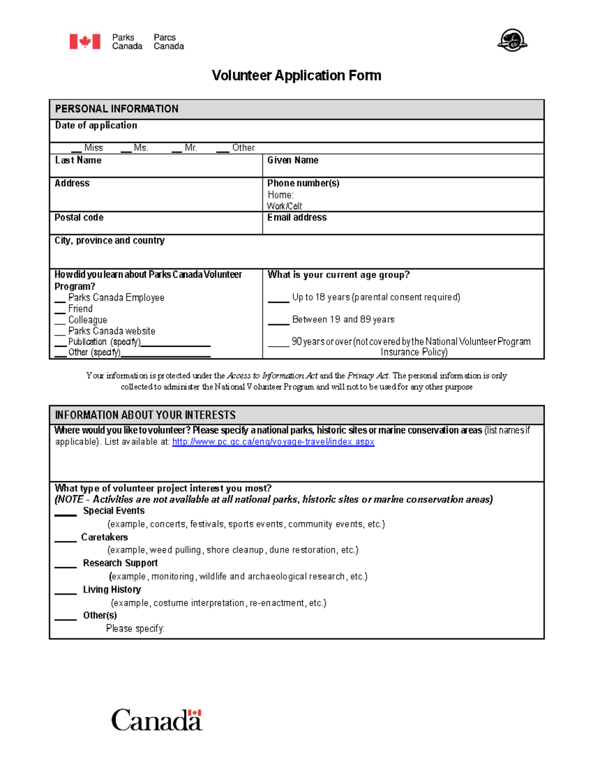 Parks Can Volunteer-Application-Form - Parks Canada National Volunteer ...