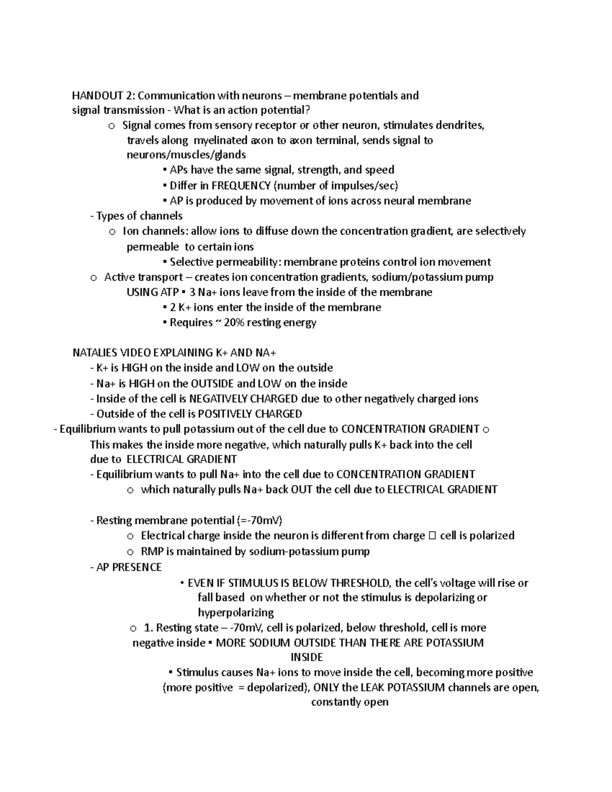 Handout 2- Communication with neurons – membrane potentials and signal ...