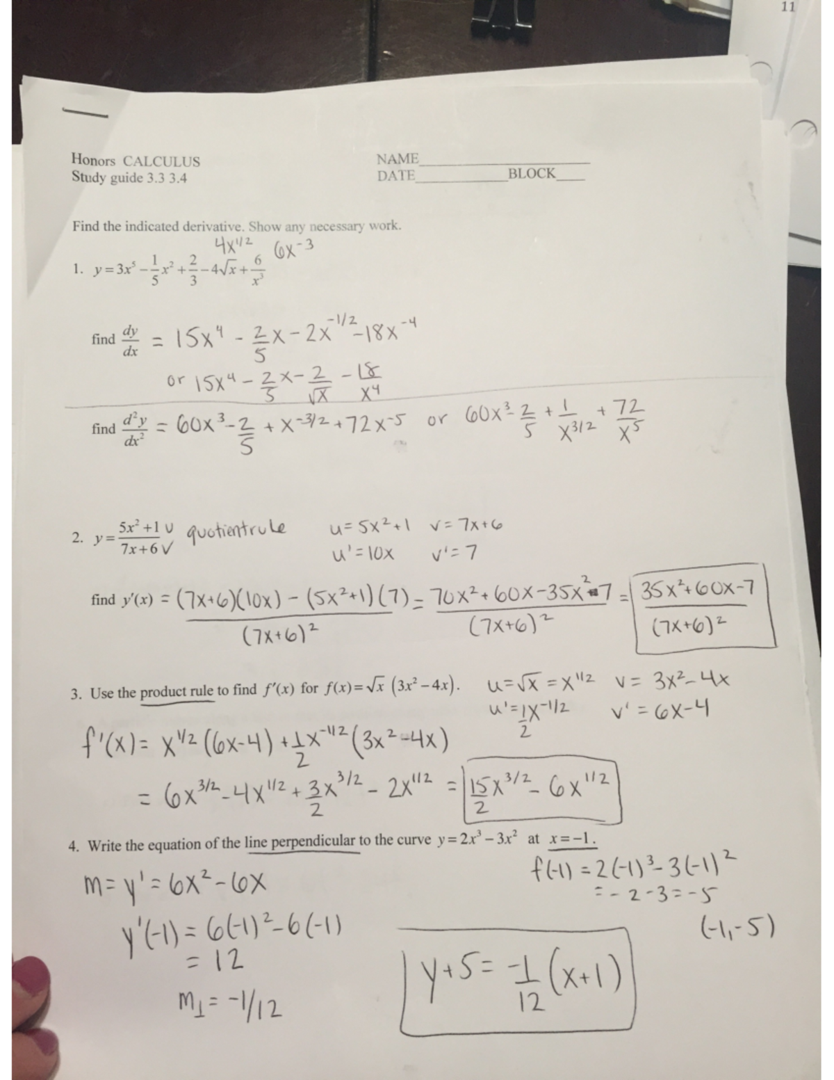 Study guide 3.3 3.4 key - Calculus class notes - *This is not in the ...