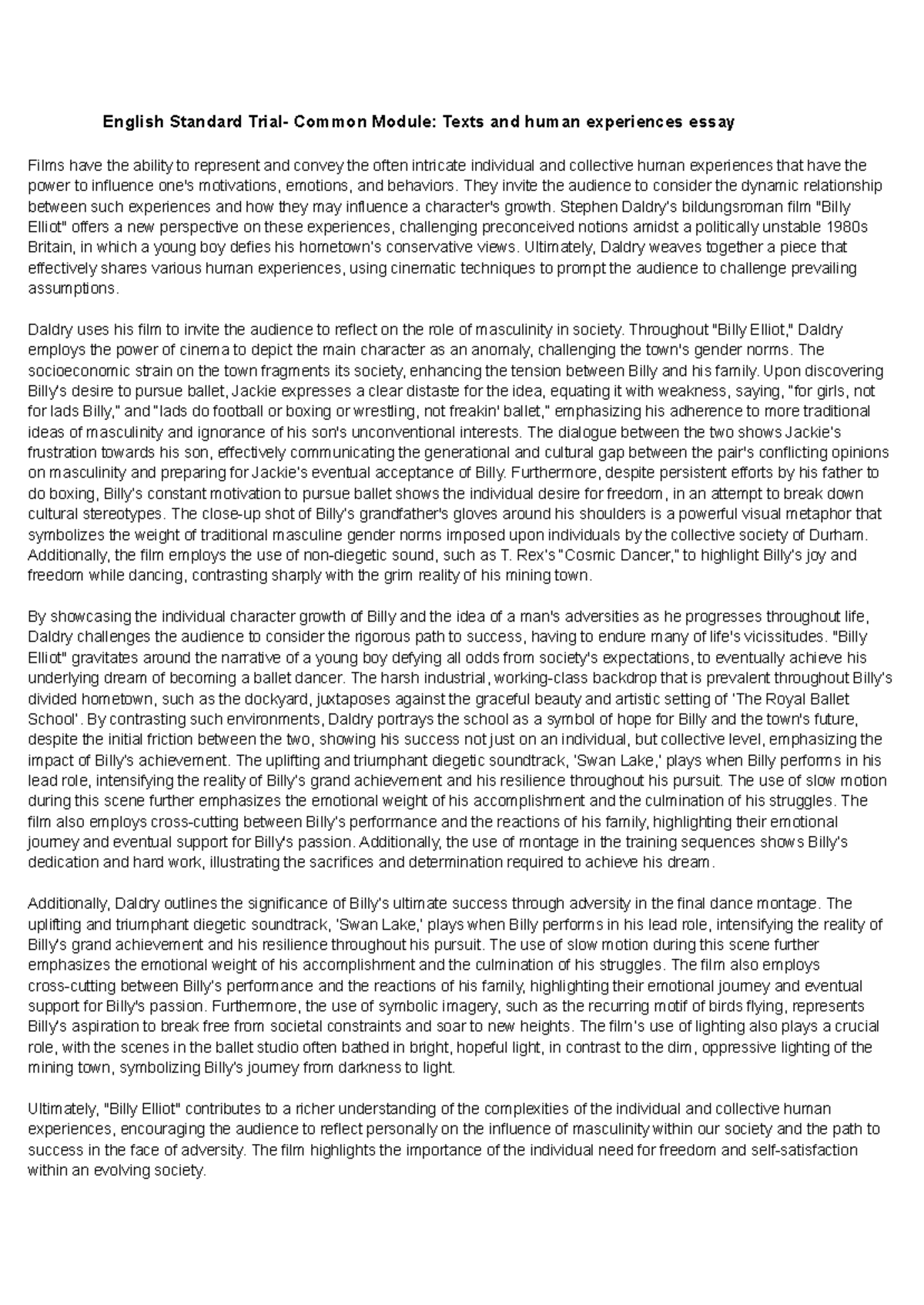 Common Module Essay- Billy Elliot - English Standard Trial- Common ...
