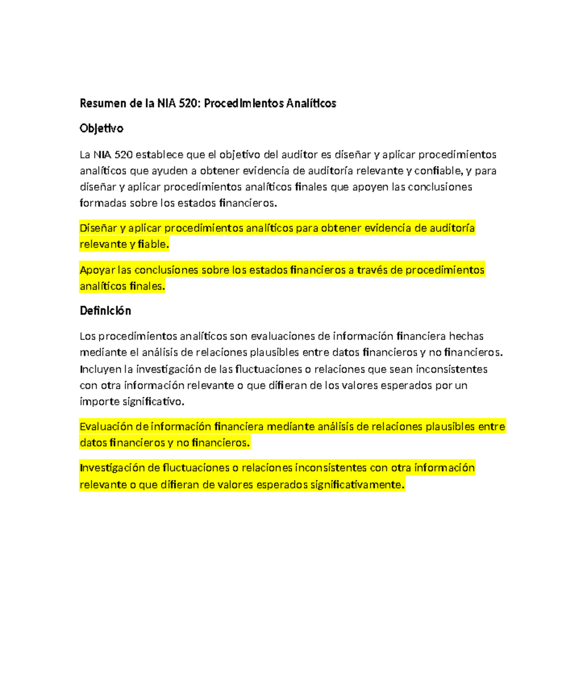 Resumen de la NIA 520 Y 530 - Resumen de la NIA 520: Procedimientos ...