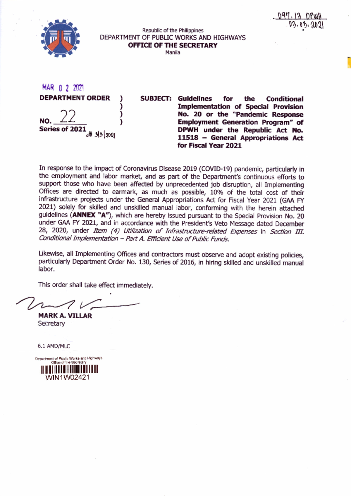 DO 022 s2021 - assignment dpwh - Republic of the Philippines DEPARTMENT ...