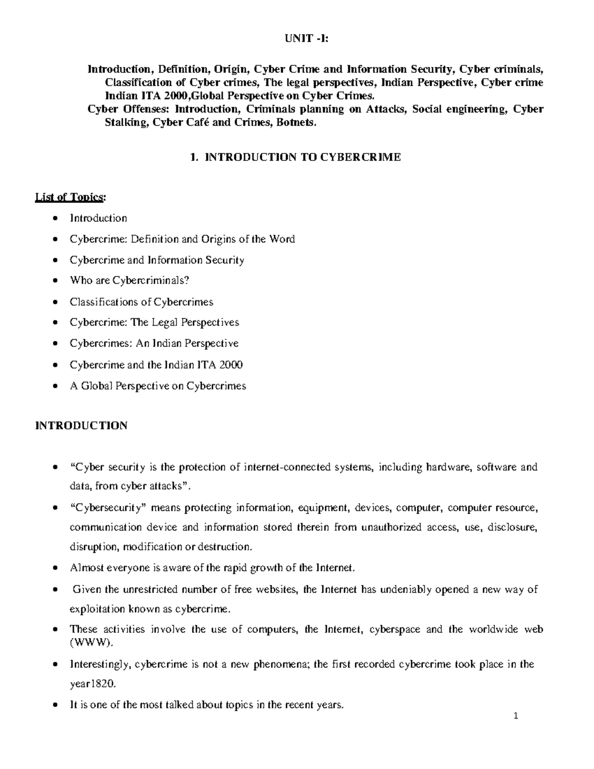 CS UNIT1 - VII B.E CYBER SECURITY UNIT 1 - UNIT - I: Introduction, Definition, Origin, Cyber ...