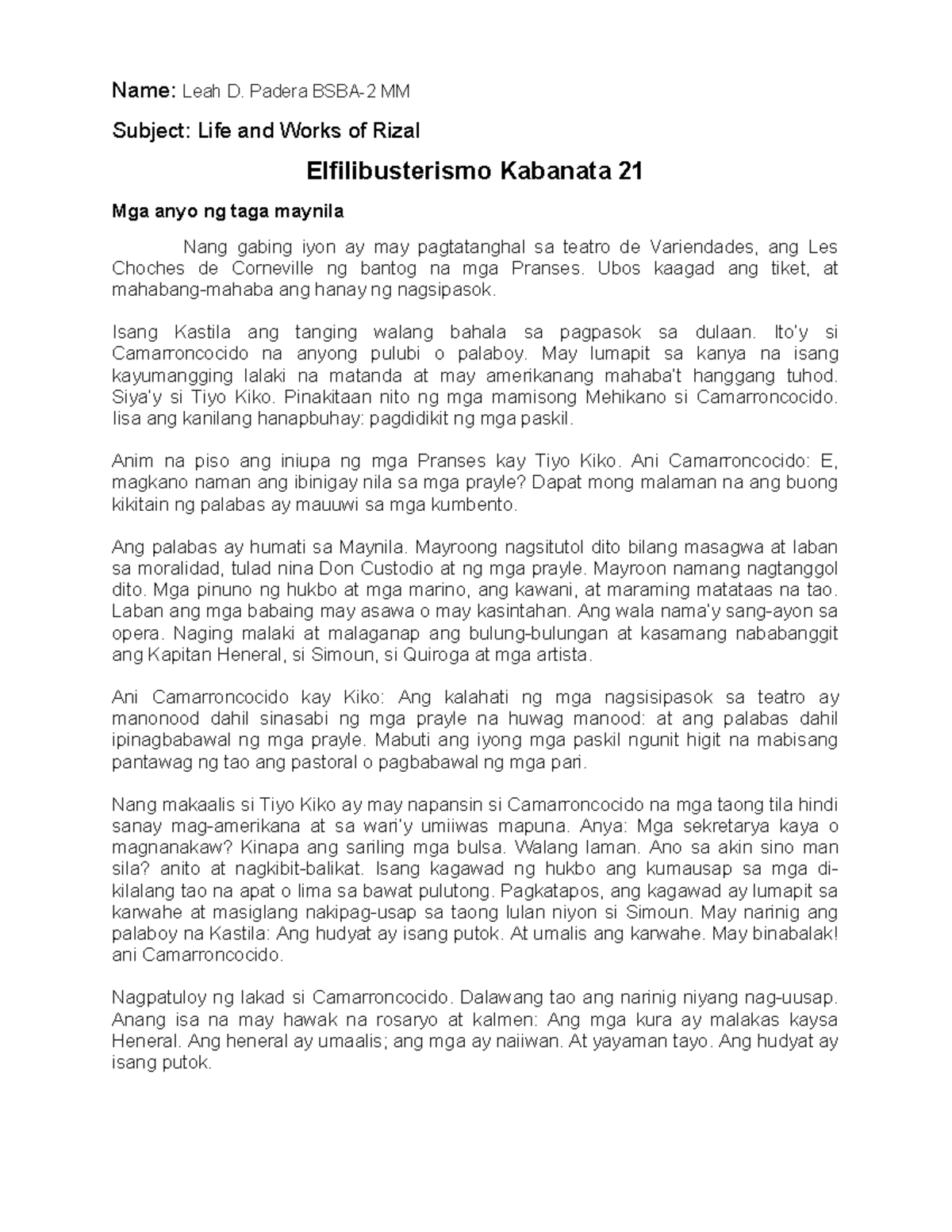 Kabanata 21 Pagibig sa Bayan at sa Sariling Kapakanan - Name: Leah D ...