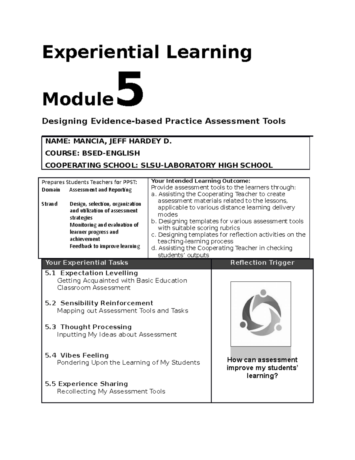 Mancia- Module 5 - Experiential Learning Module 5 Designing Evidence ...
