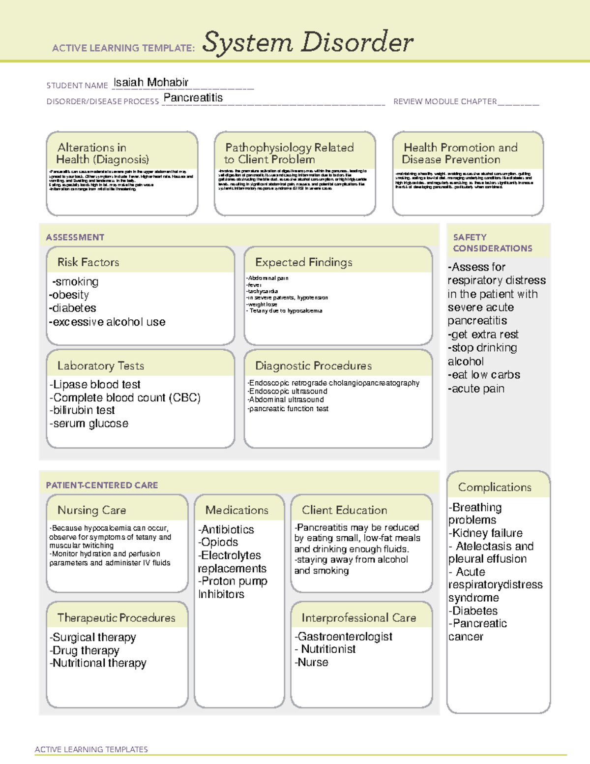 System disorder- Pancreatitis - ACTIVE LEARNING TEMPLATES System ...