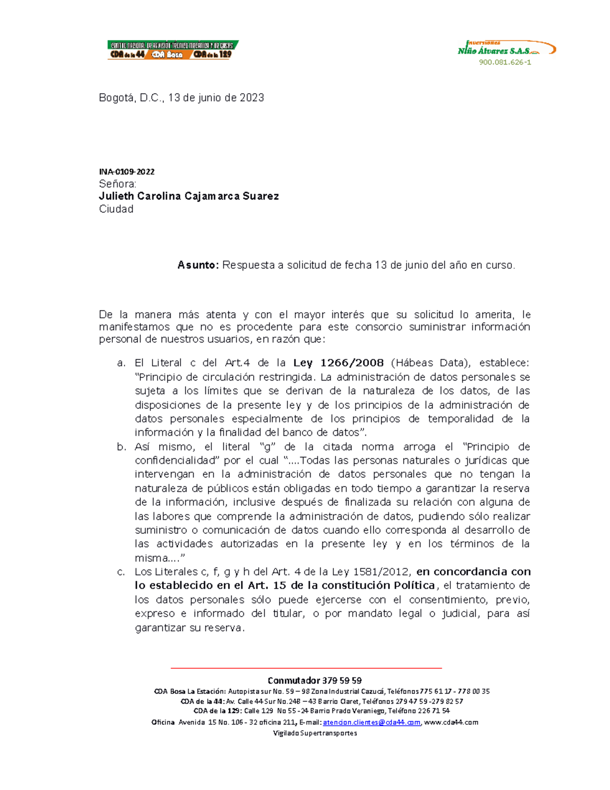 Fomato respuesta solicitud datos personales PQRs - Bogotá, D., 13 de ...