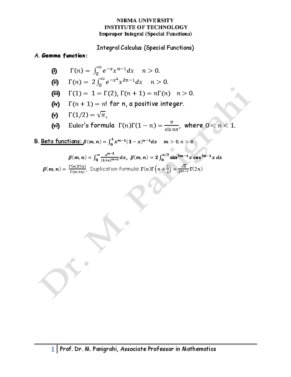Beta gamma function unit i - INSTITUTE OF TECHNOLOGY Improper Integral (Special Functions) Prof ...