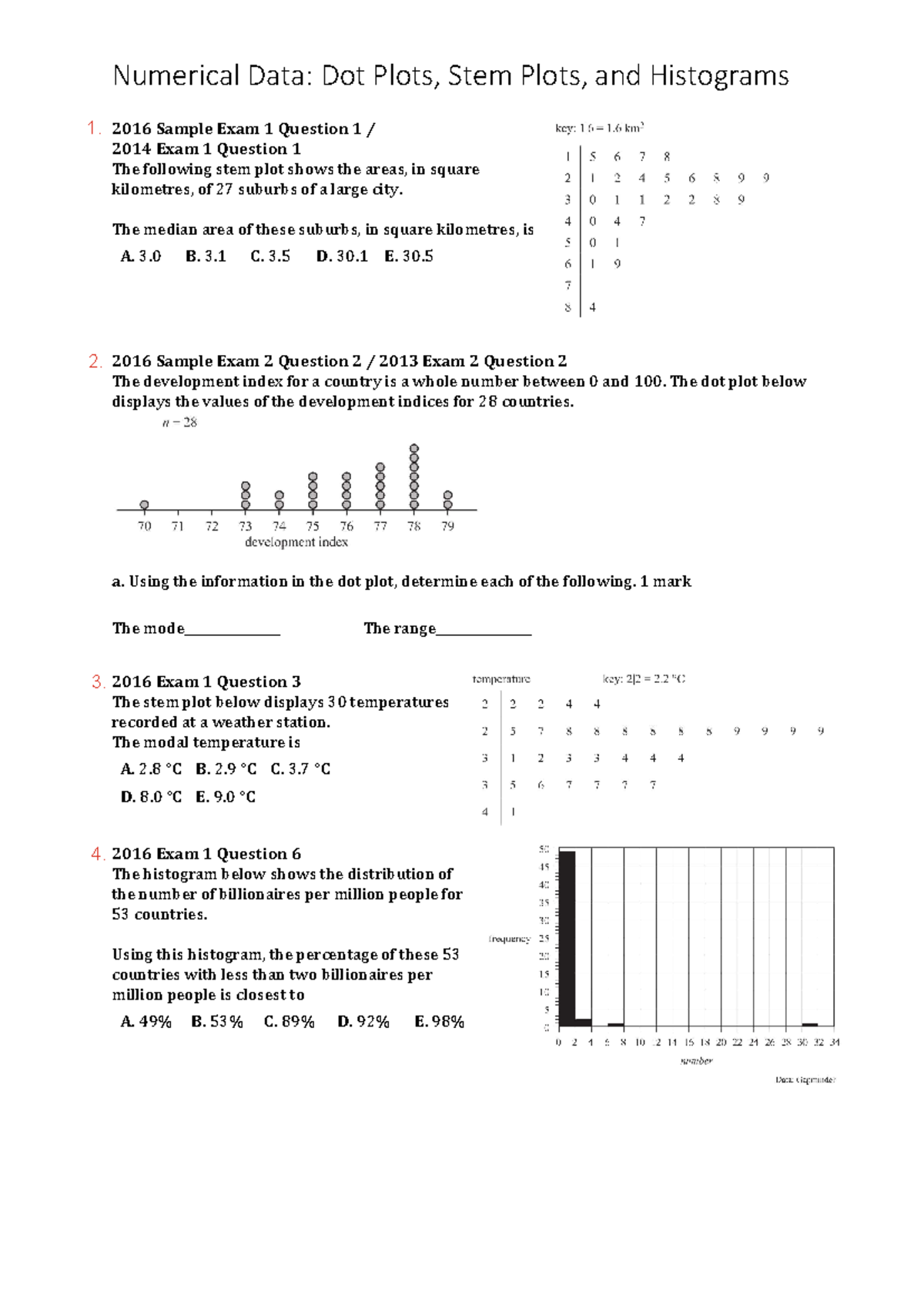 Numerical Data - Dot Plots, Stem Plots, and Histograms 2 - 2016 Sample ...