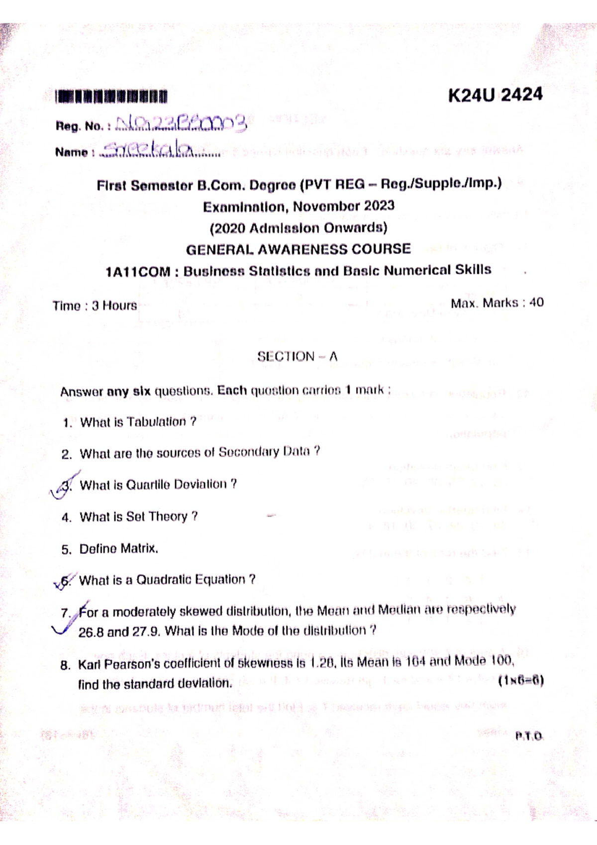 Question paper 1st semester - K24U 2424 Reg. No. : Name : Sreekala ...
