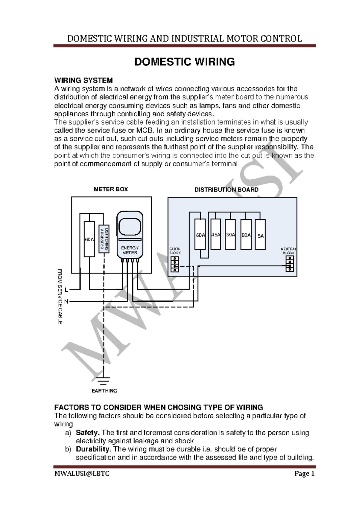 001 Domestic Wiring - DOMESTIC WIRING WIRING SYSTEM A wiring system is ...