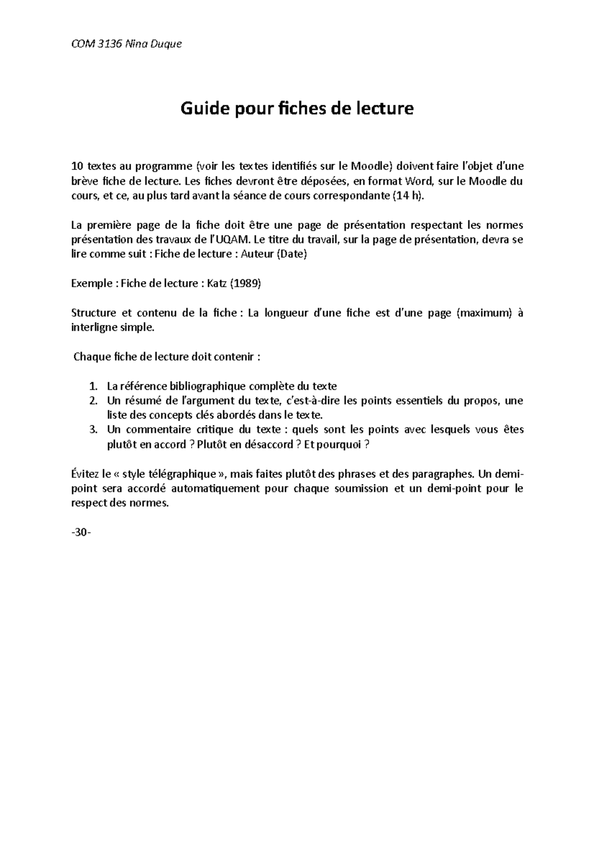 Guide fiche de lecture - COM 3136 Nina Duque Guide pour fiches de ...