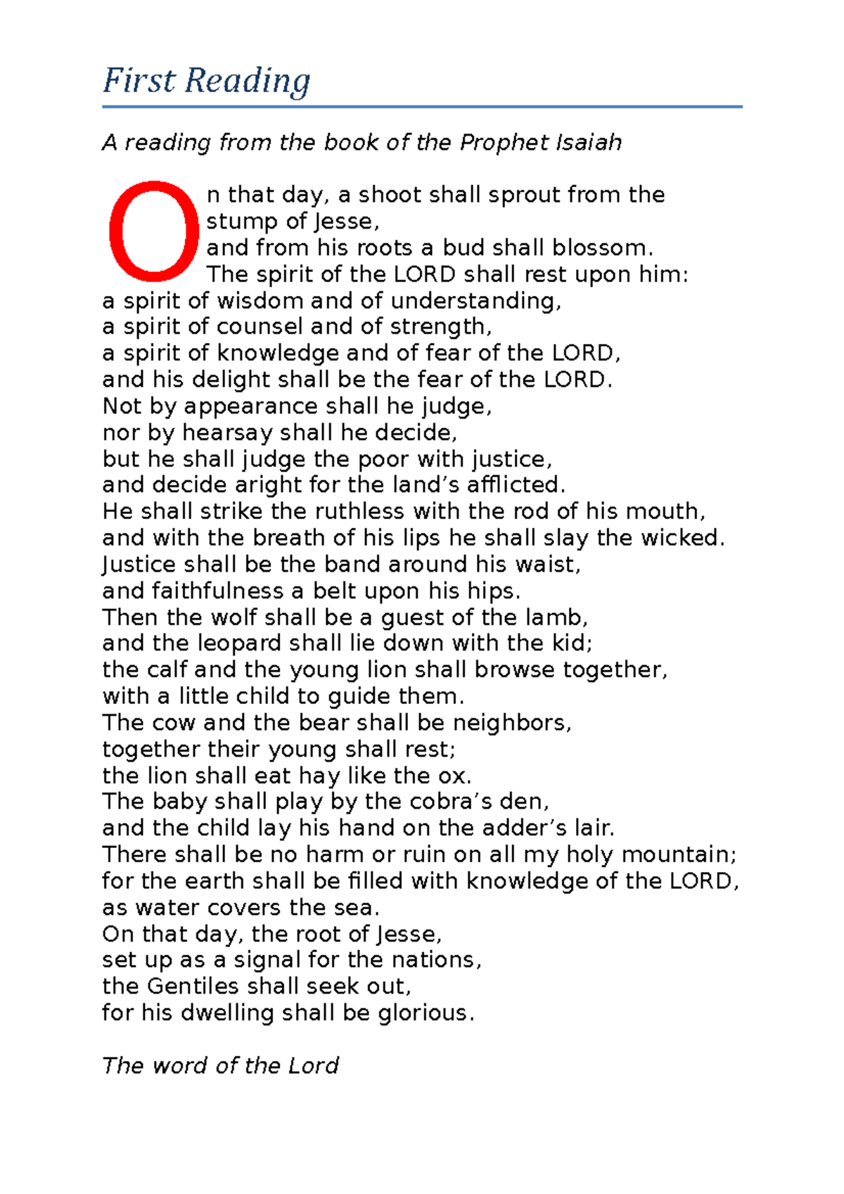 Ad 2A - Readings - First Reading A reading from the book of the Prophet ...