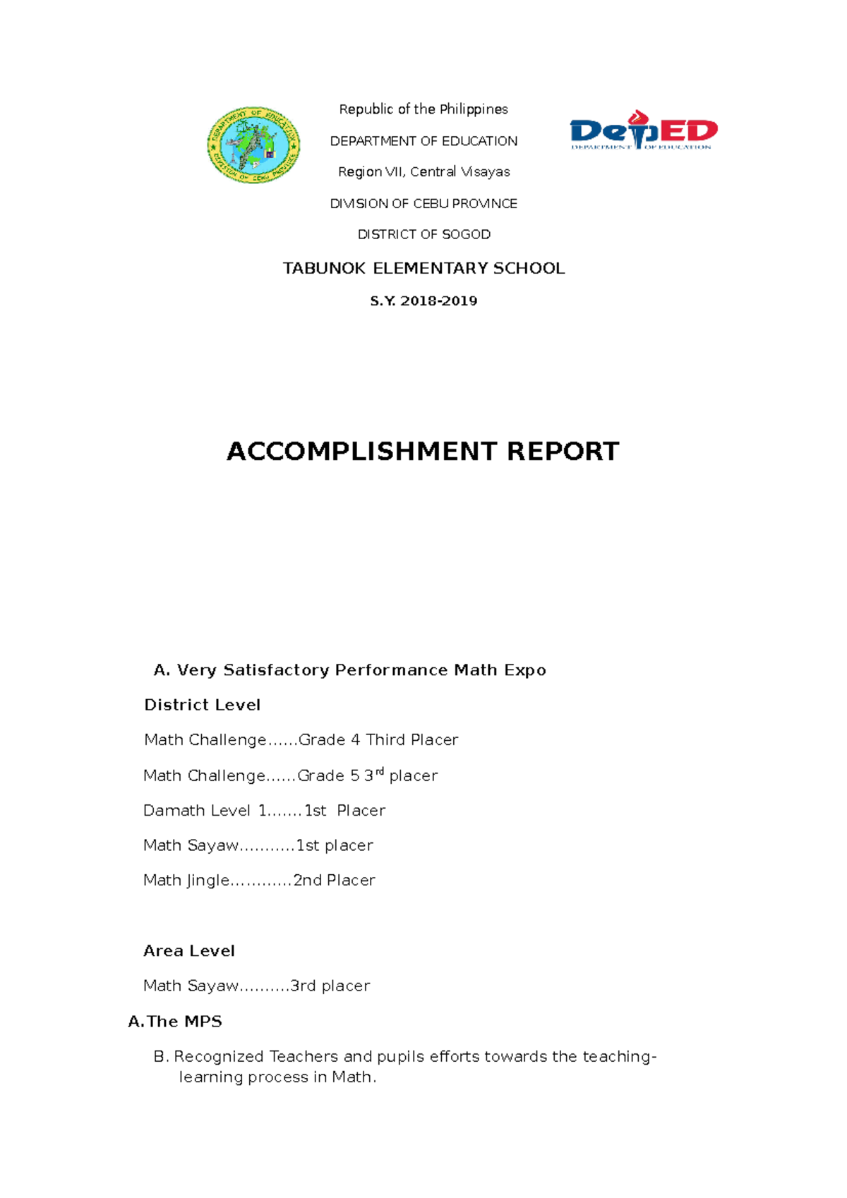 Accomplishment report - Republic of the Philippines DEPARTMENT OF ...