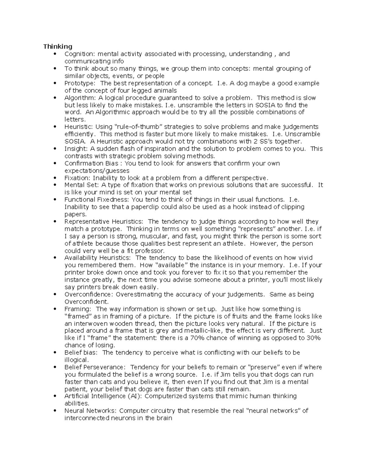 Psychology course content notes 6 - Thinking Cognition: mental activity ...