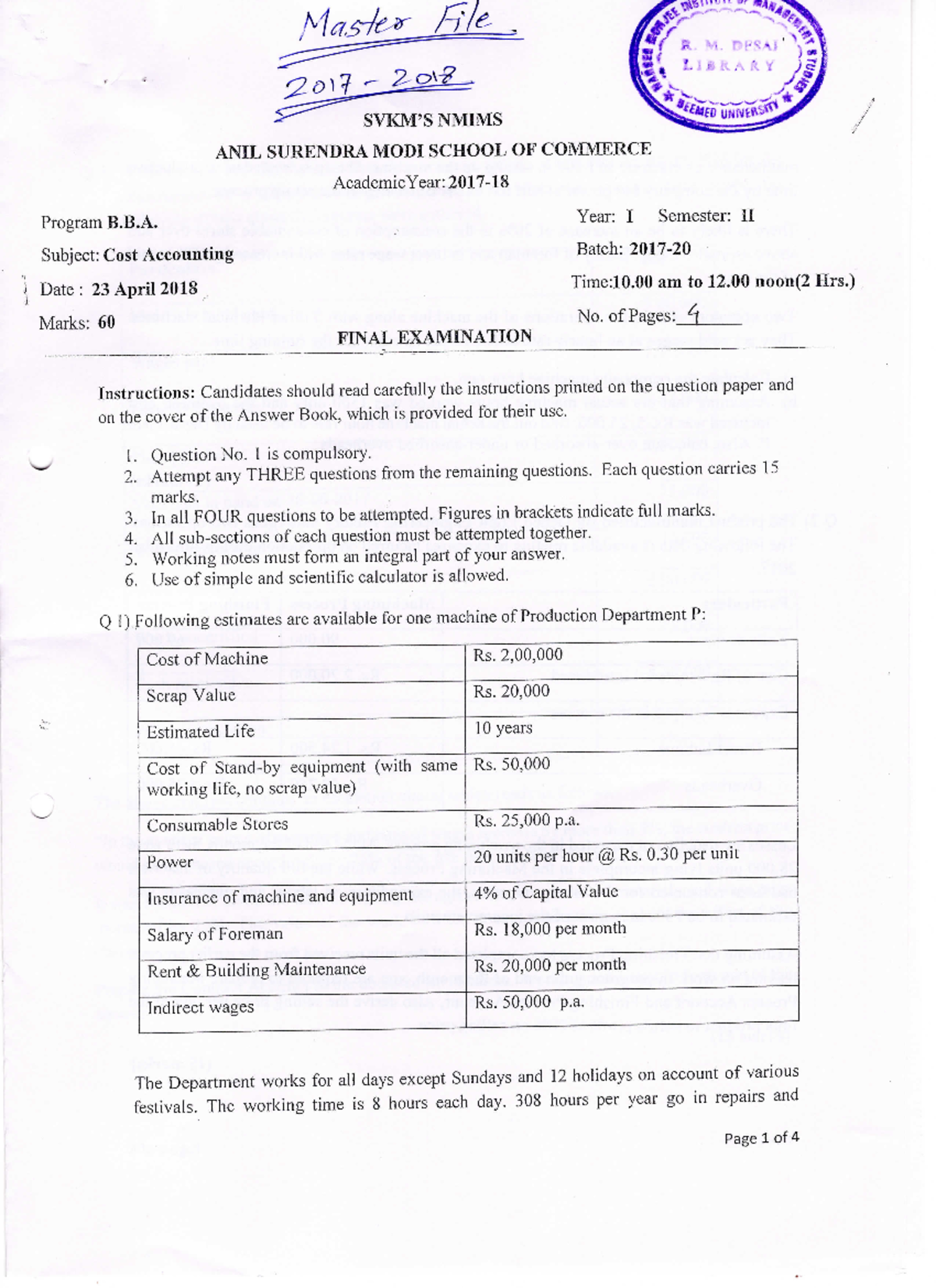 Cost Accounting 694 - It is for research work - ####### Program B.B. SV ...