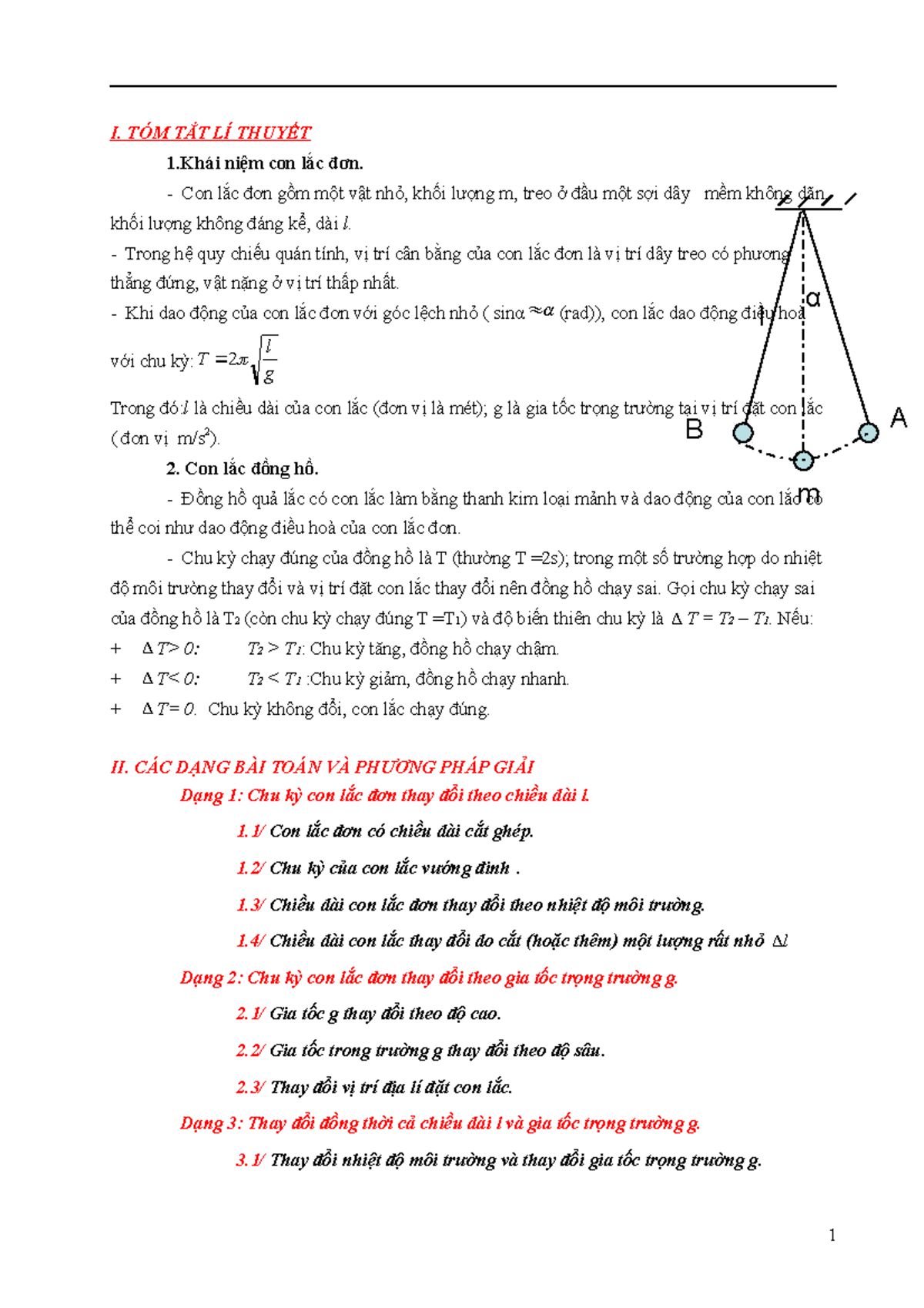 Chương I CON LẮC ĐƠN - I. TÓM TẮT LÍ THUYẾT 1ái niệm con lắc đơn. Con ...