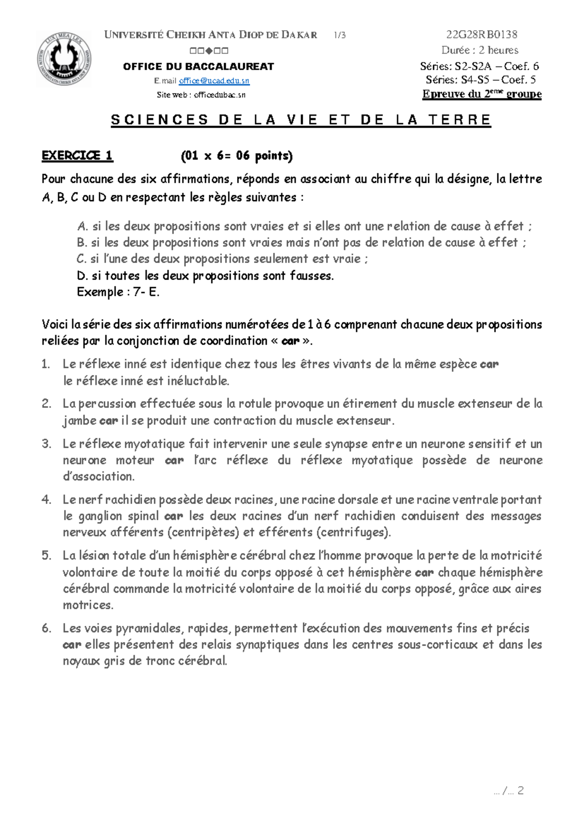 Epreuve SVT S2 1 - Très bon devoir - A. Se UNIVERSITÉ CHEIKH ANTA DIOP ...