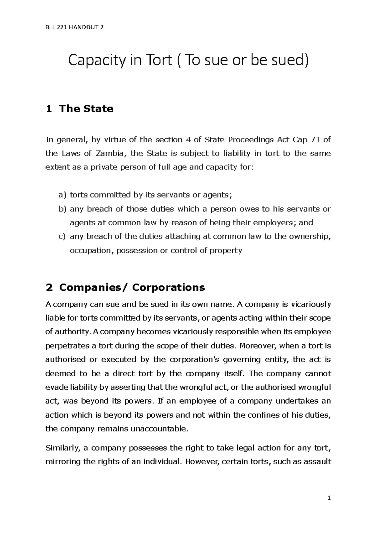 BLL 221 Handout Capacity in Tort - Capacity in Tort ( To sue or be sued ...