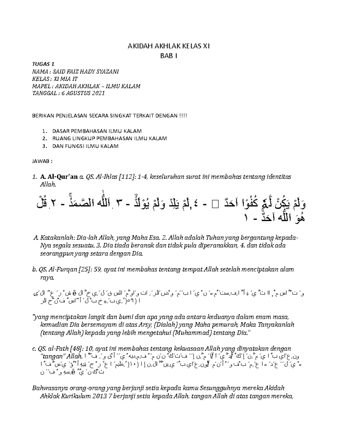 SAID FAIZ HADY Syazani Akidah Akhlak 6-8-2021 - AKIDAH AKHLAK KELAS XI ...