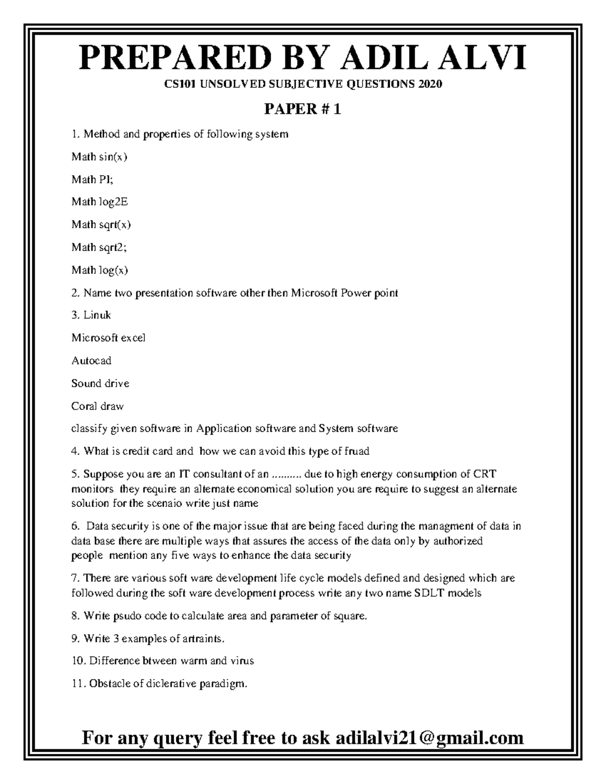 Cs101 Final Term Subjective Questions 2020 By Adil Alvi Cs101 Unsolved Subjective Questions