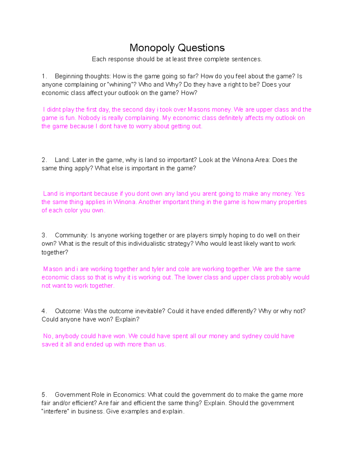 Copy of Monopoly Questions - Monopoly Questions Each response should be ...