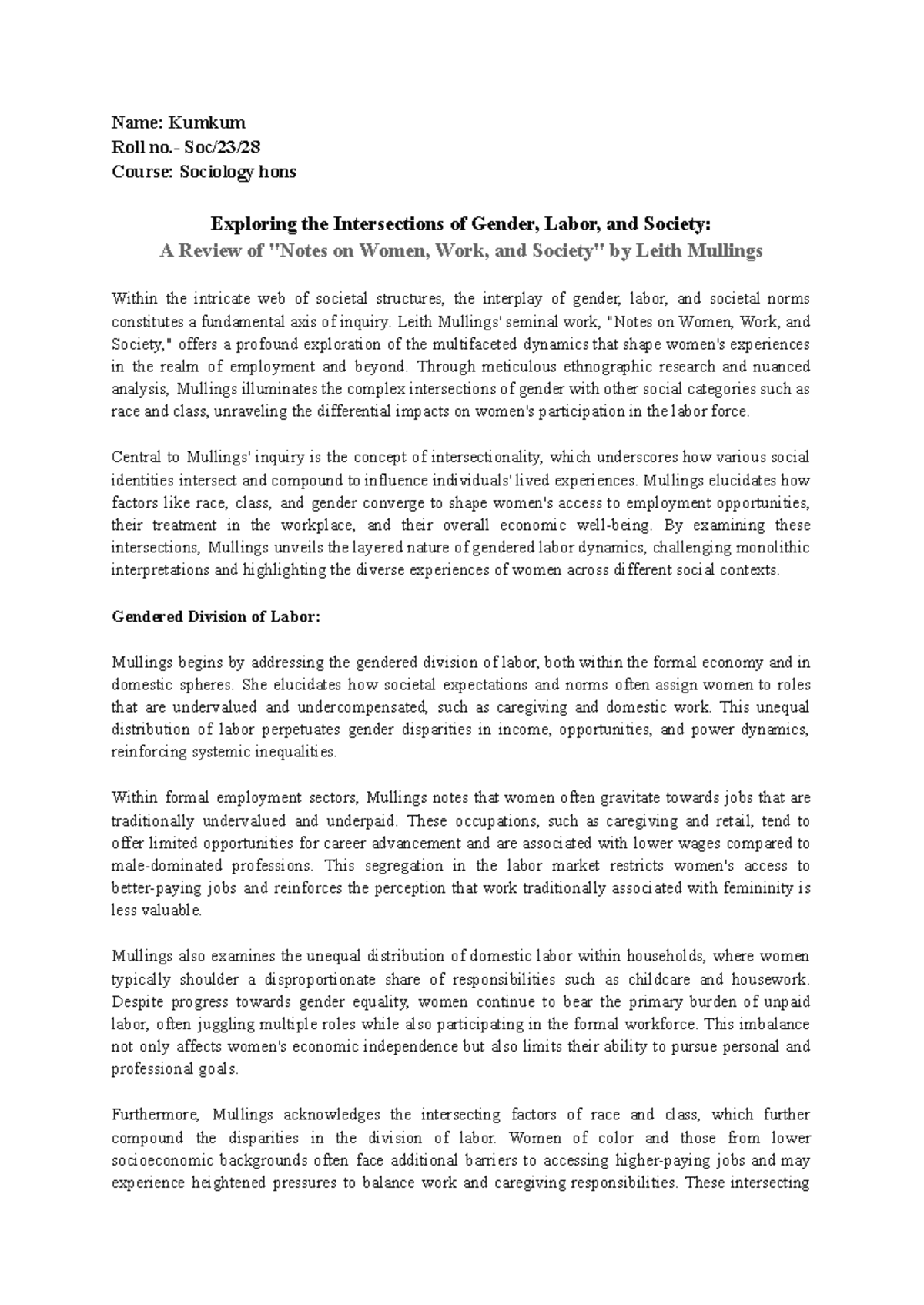 Leith Mullings- Stratification - Name: Kumkum Roll no.- Soc/23/ Course ...