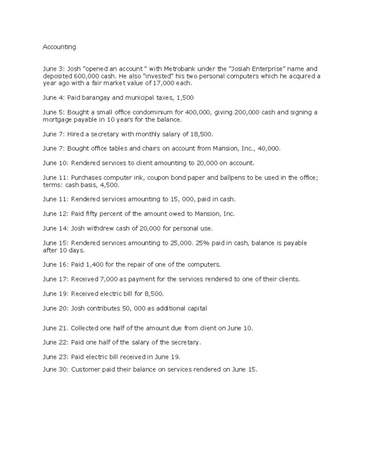 Sample of FS Preparation - Accounting June 3: Josh "opened an account ...