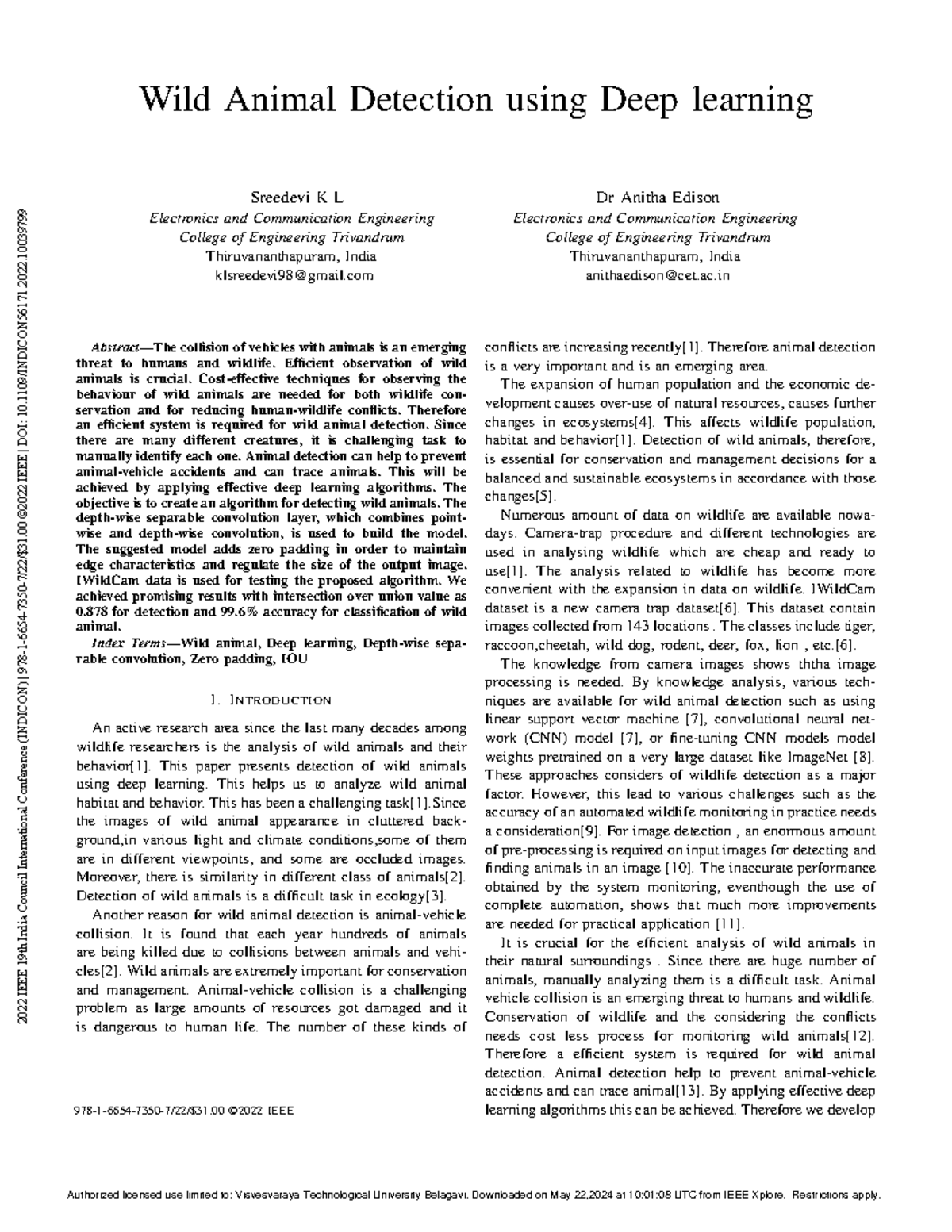 Wild Animal Detection using Deep learning - ac Abstract—The collision of vehicles with animals ...