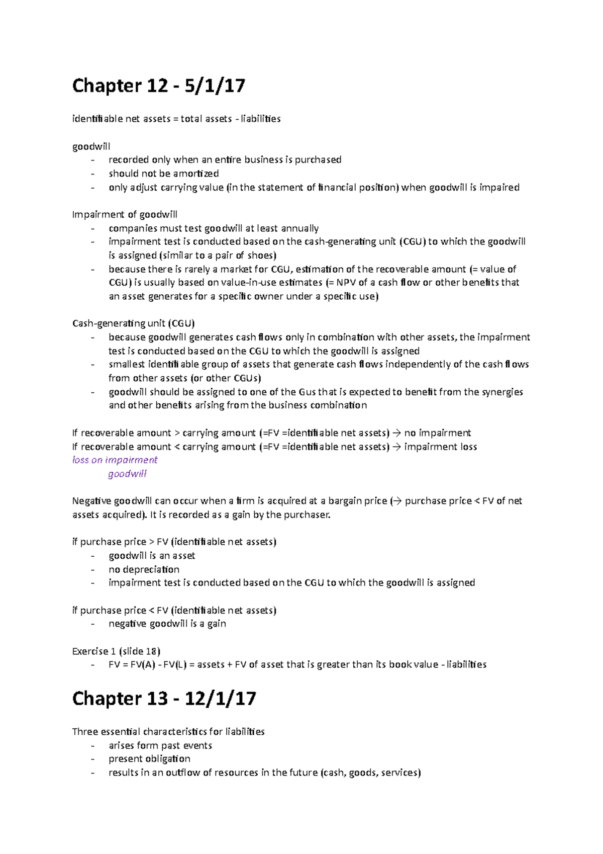 Summary of AFA lectures - Chapter 12 identifiable net assets total ...