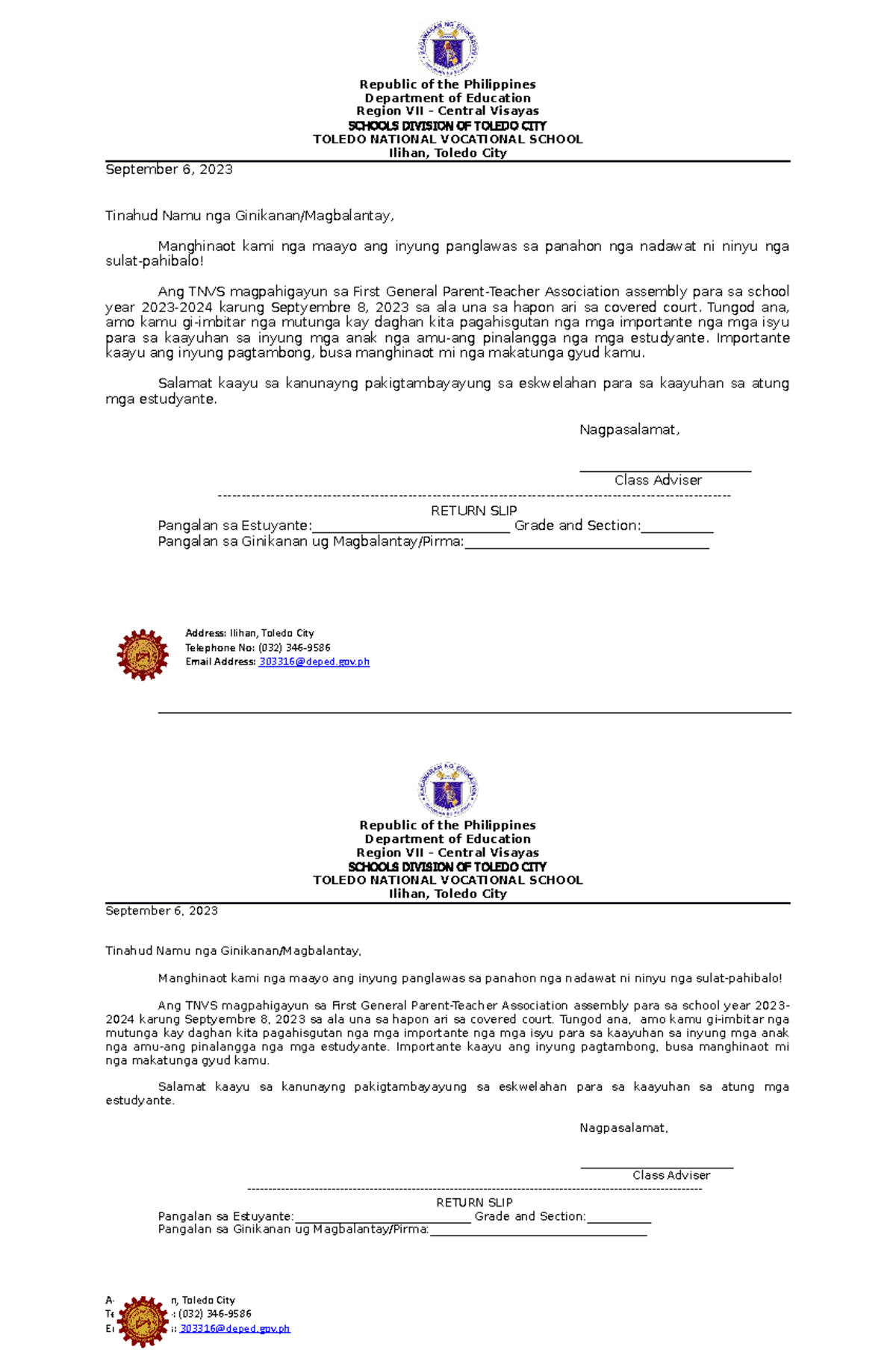 Letter for parents PTA meeting sy 2023 2024 - Republic of the ...