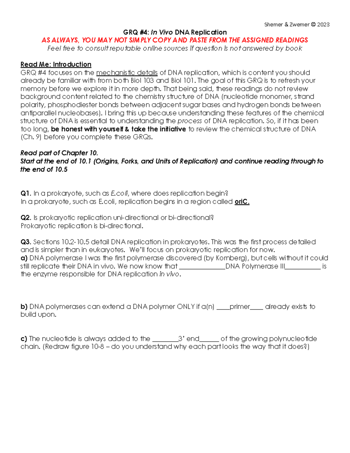 GRQ 4(220) - One of the reading assignments due before every class. - GRQ #4: In Vivo DNA - Studocu