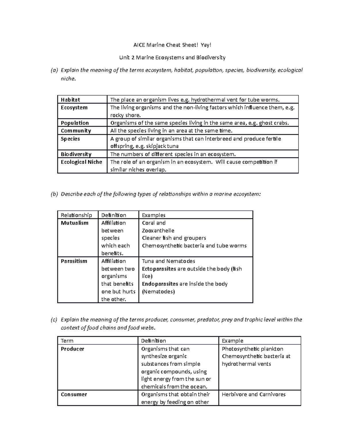 AICE Marine Cheat Sheet of chapter 2 lectures - AICE Marine Cheat Sheet ...