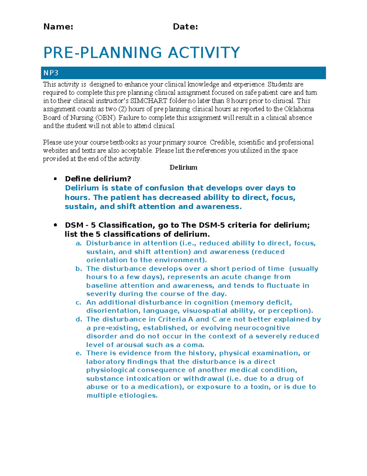 Pre Plan 5 NP3 Delirium - Name: Date: PRE-PLANNING ACTIVITY NP This ...