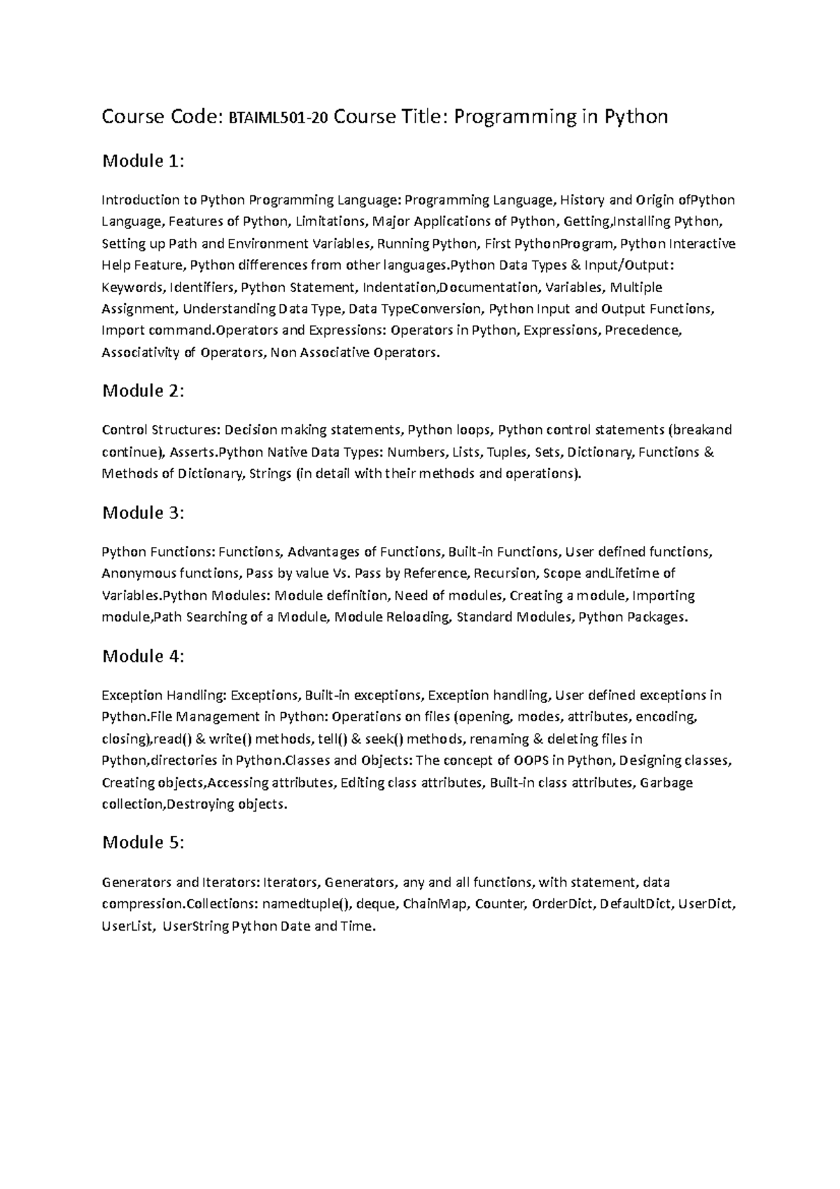 Python syllabus - no i am not interested - Course Code: BTAIML501-20 ...