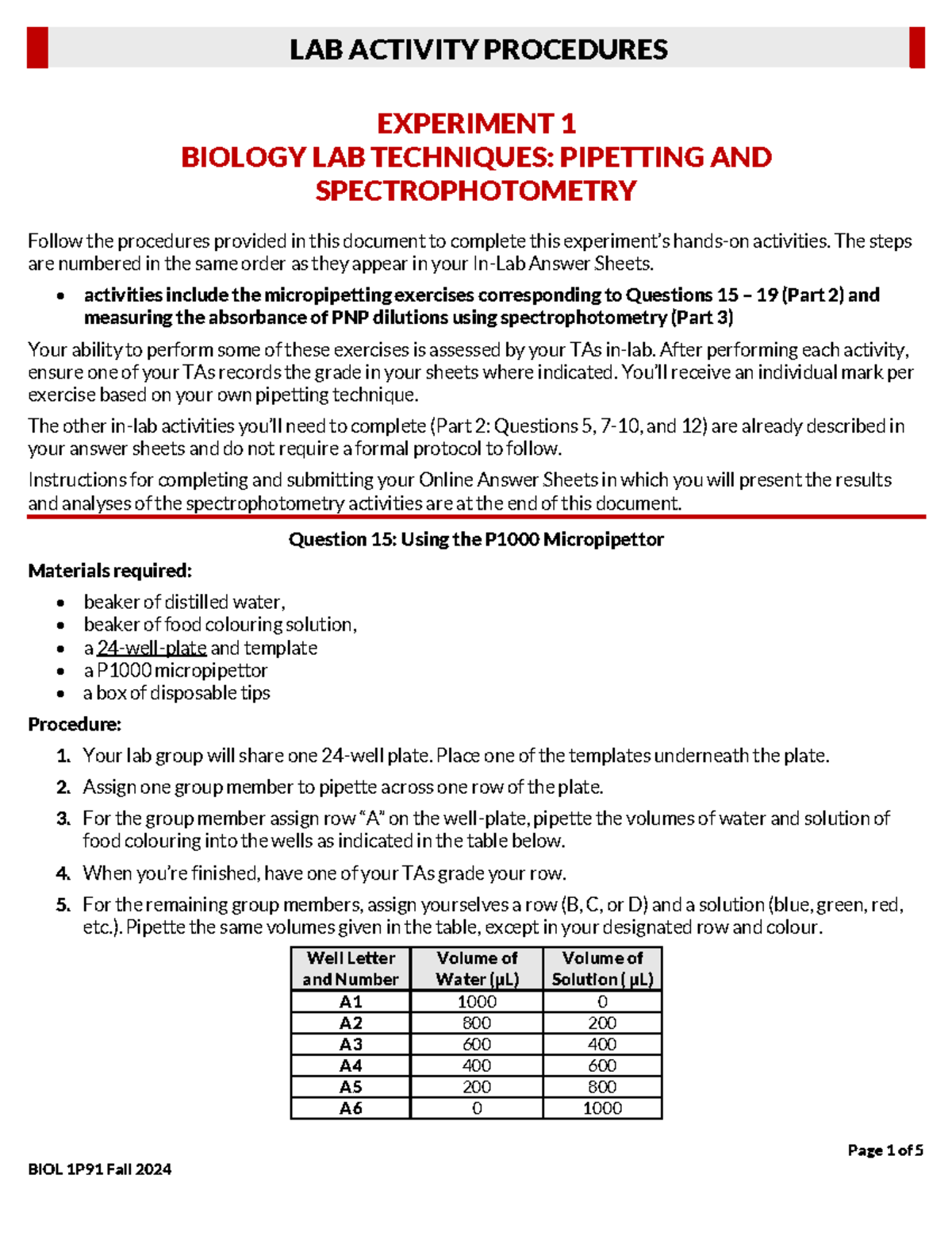 BIOL 1P91 - Experiment 1 Procedures - Fall 2024 - Page 1 of 5 LAB ...