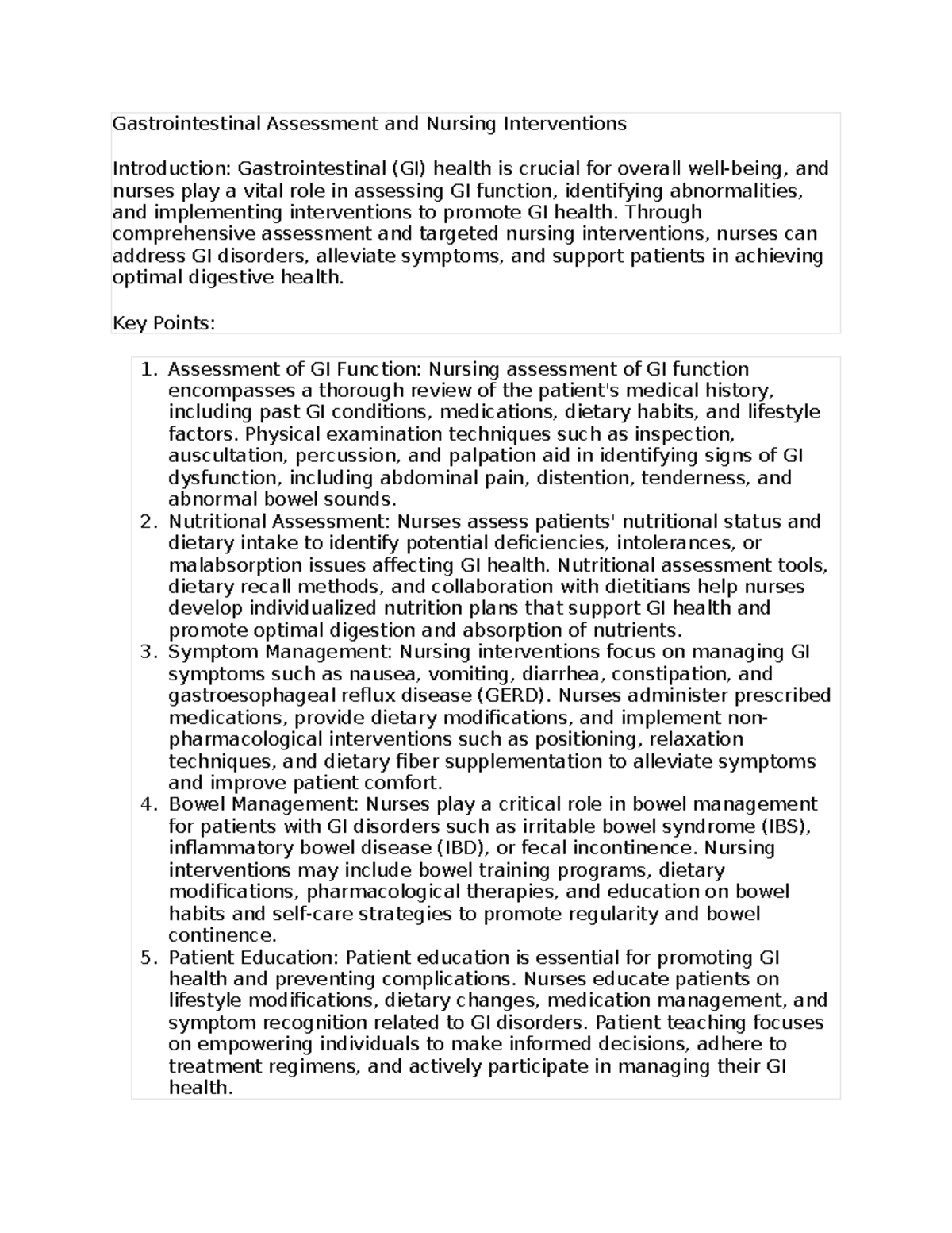 Gastrointestinal Assessment and Nursing Interventions ...