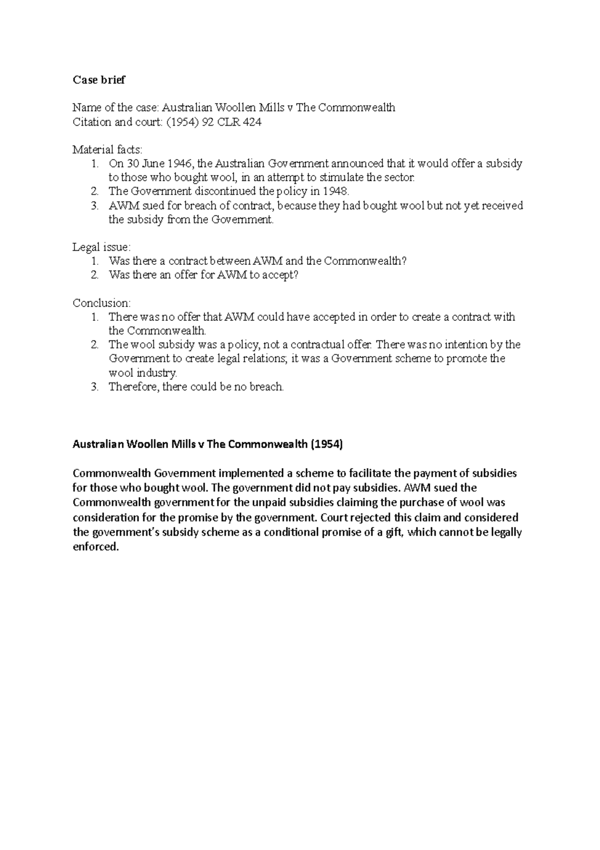 Contracts week 4 tutorial - Case brief Name of the case: Australian Woollen Mills v The ...