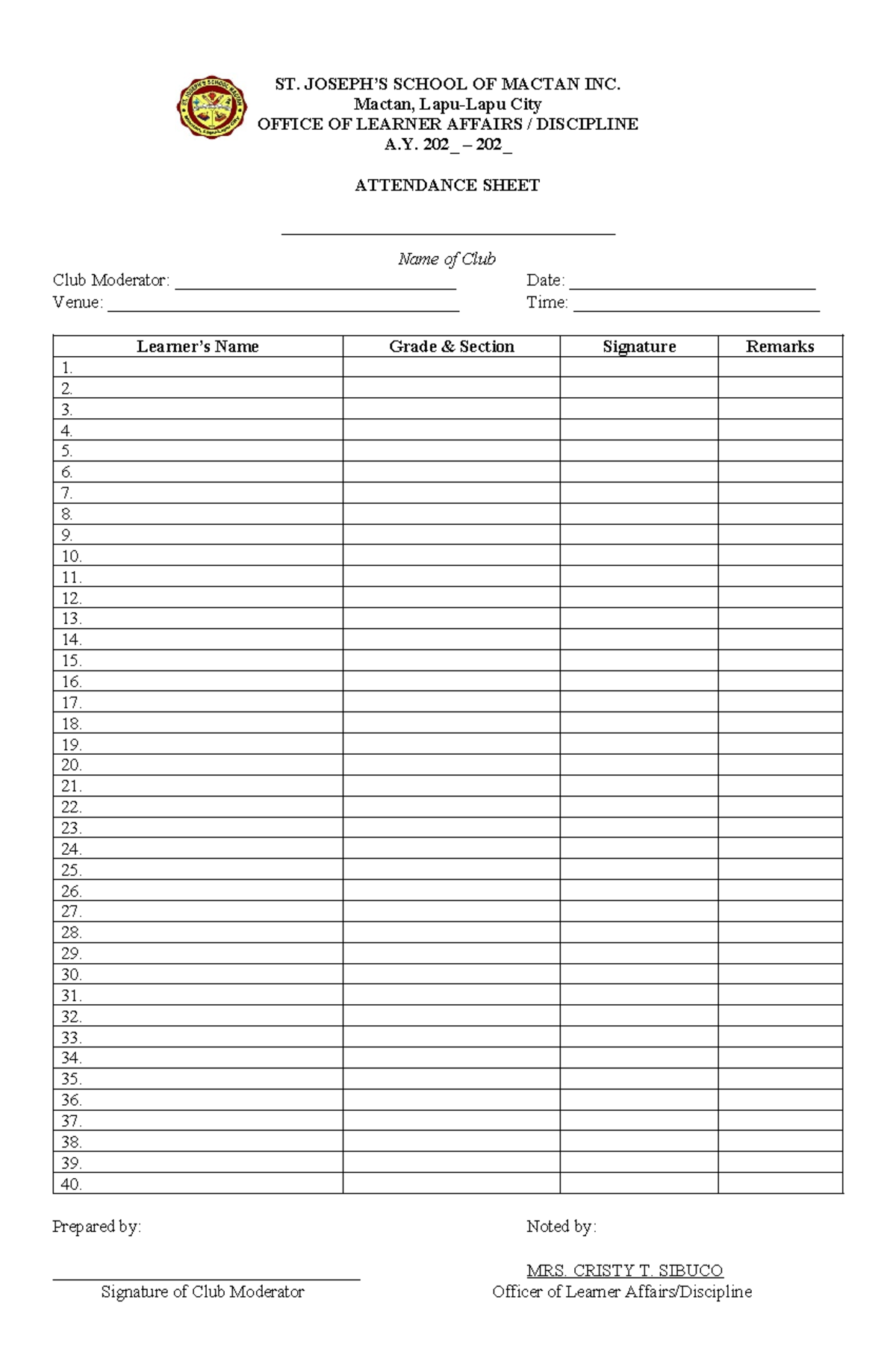 Club-Attendance-Sheet - ST. JOSEPH’S SCHOOL OF MACTAN INC. Mactan, Lapu ...