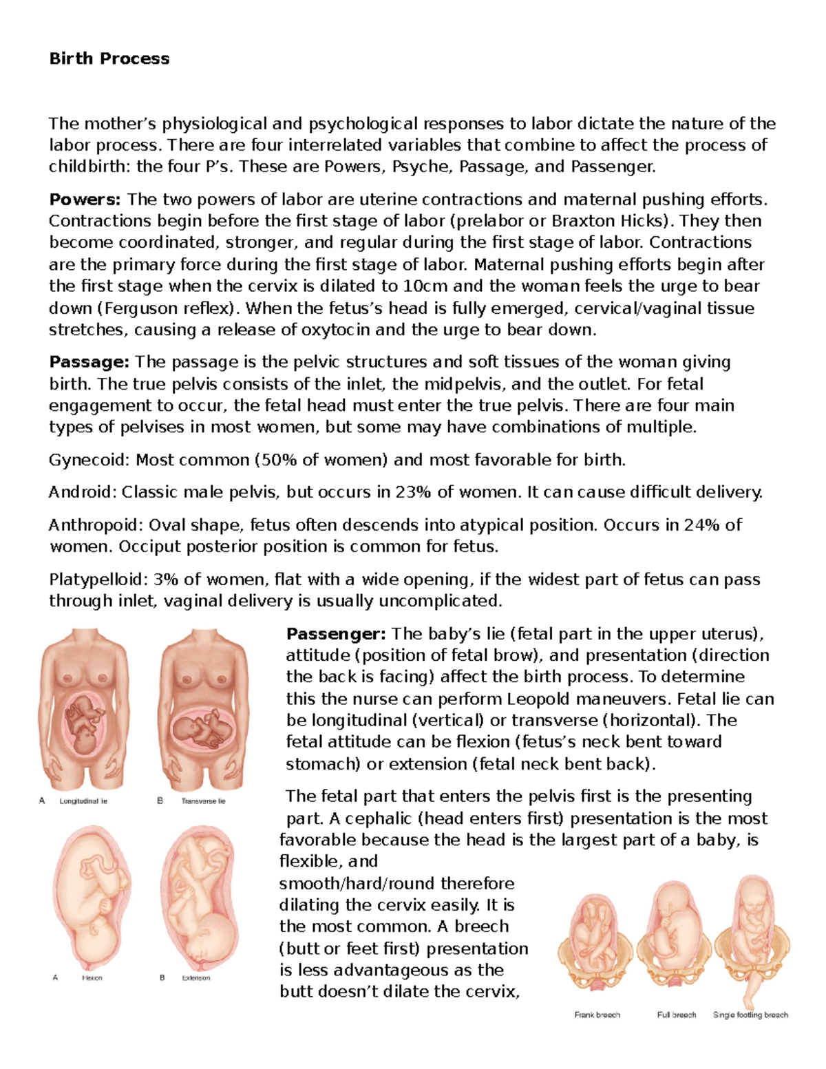 Birth Process Notes - Birth Process The mother’s physiological and ...