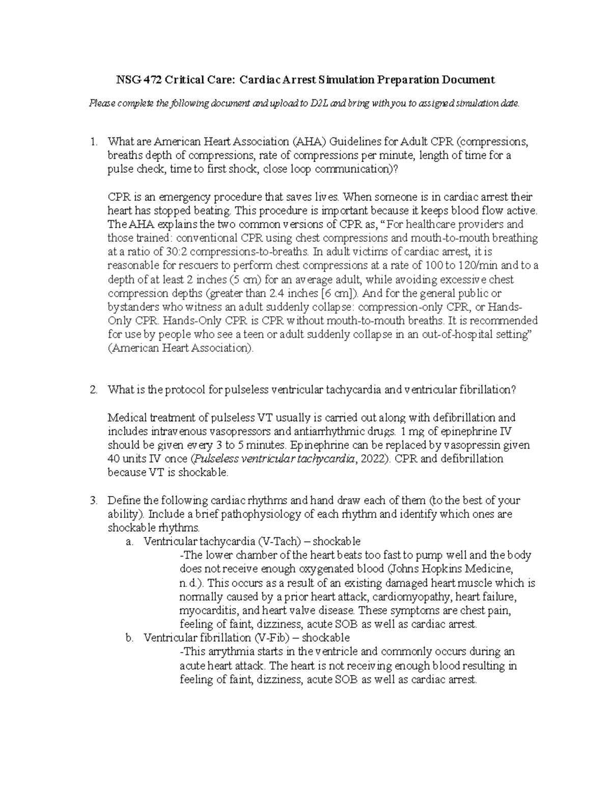 SIM document prep - NSG 472 Critical Care: Cardiac Arrest Simulation ...