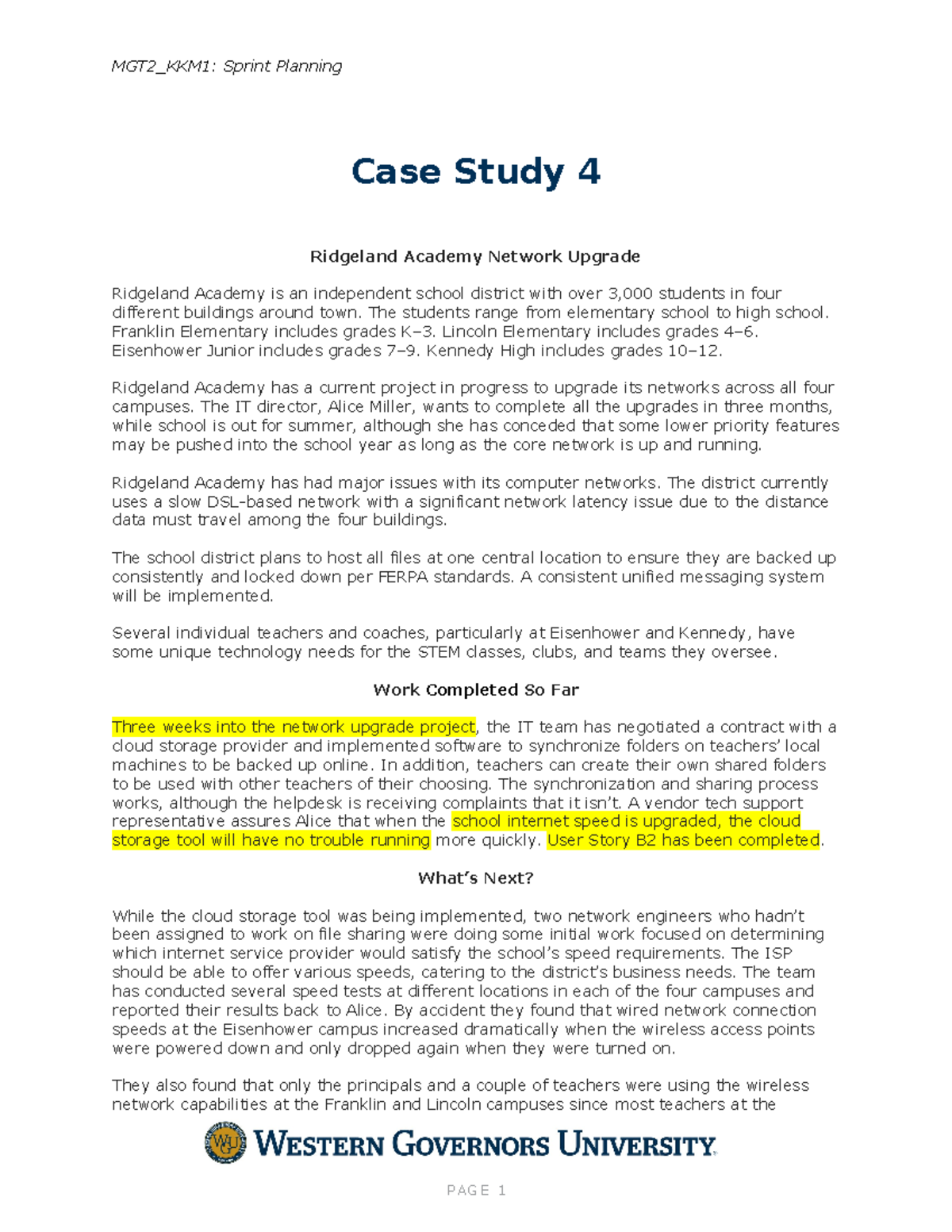 Case Study 4 v2 - MGT2_KKM1: Sprint Planning Case Study 4 Ridgeland Academy Network Upgrade ...