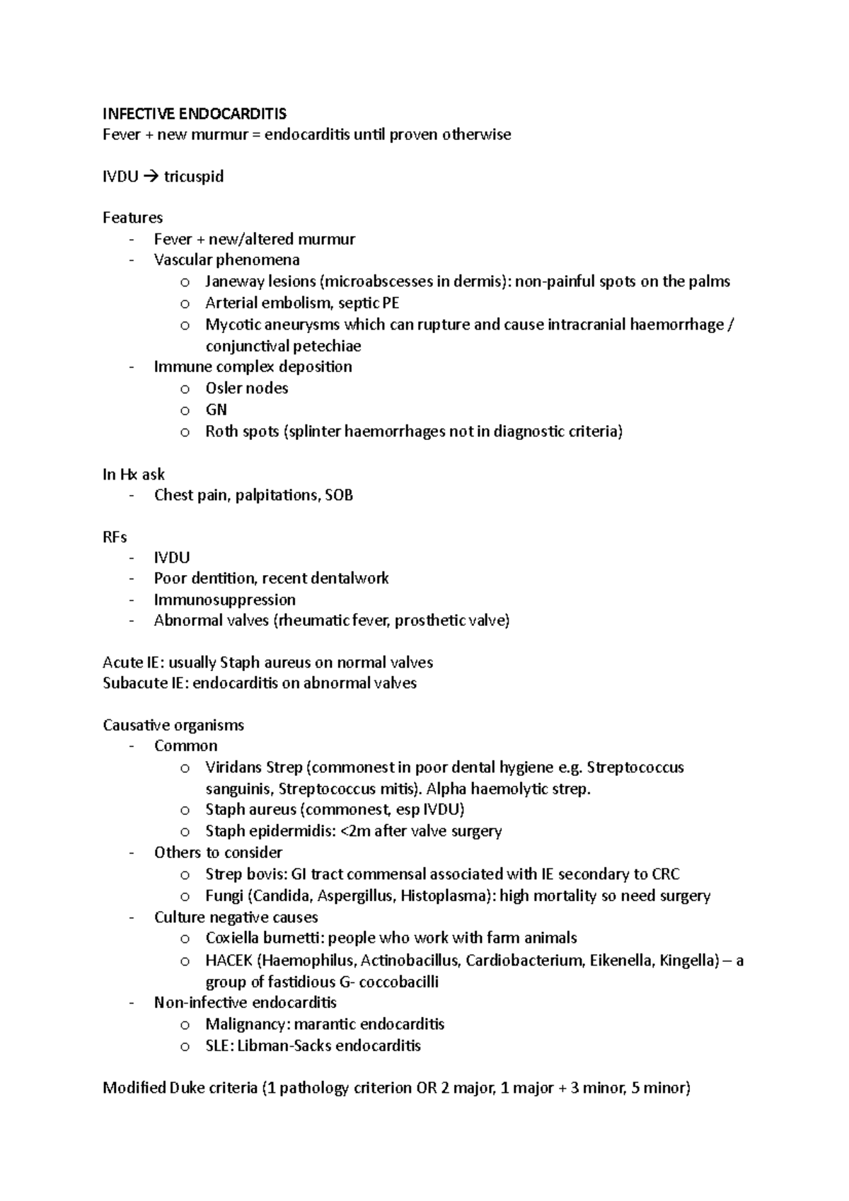 Finals notes on infective endocarditis - INFECTIVE ENDOCARDITIS Fever ...