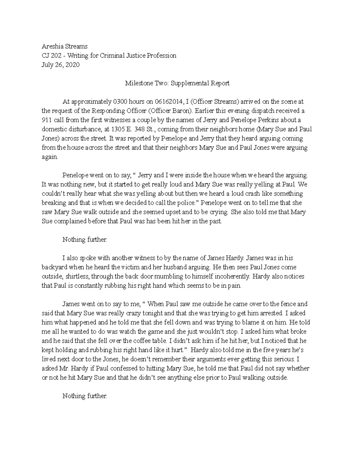 Areshia Streams Milestone Two Supplemental Report - Areshia Streams CJ ...