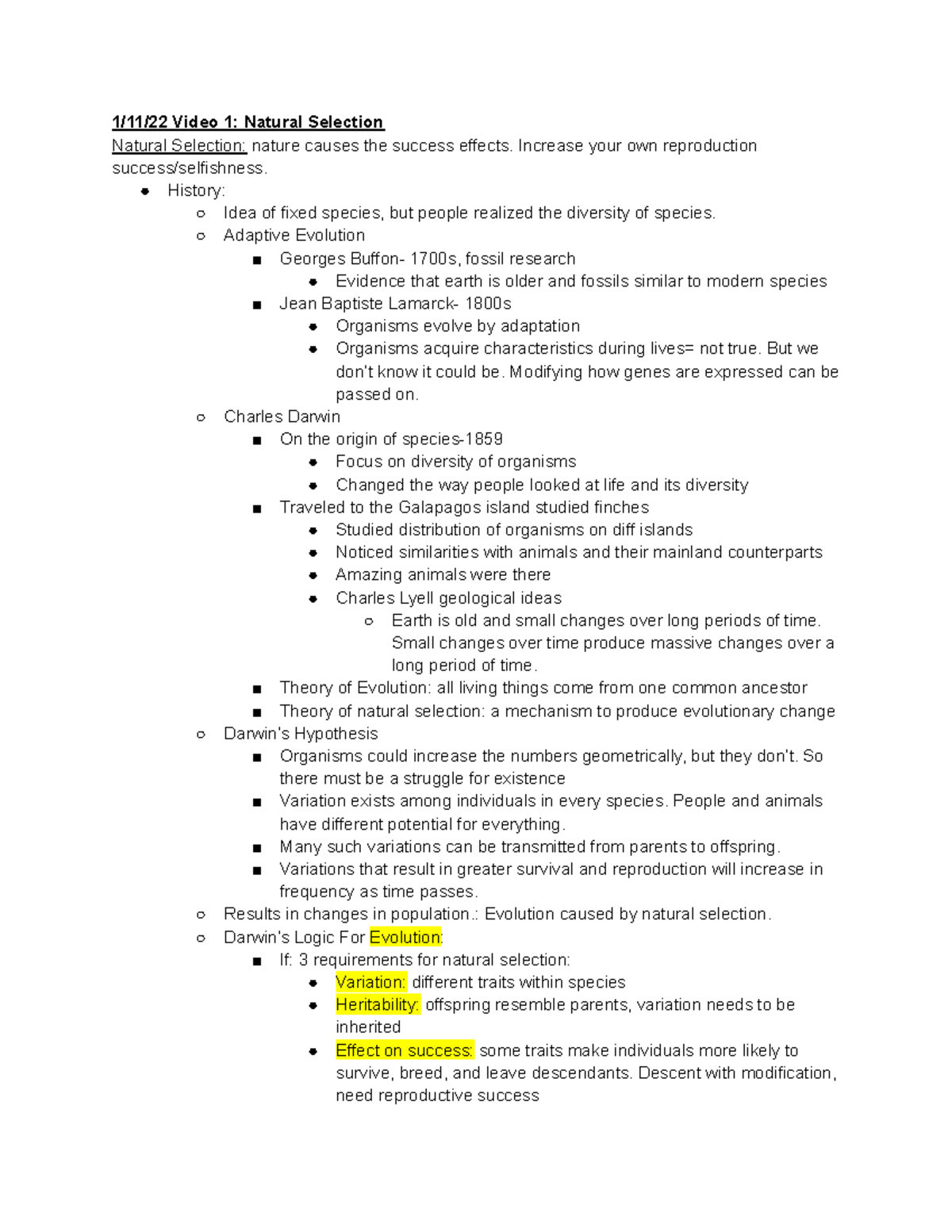 Bio 130 #2 - First 2 Lecture Video Notes - 1/11/22 Video 1: Natural ...