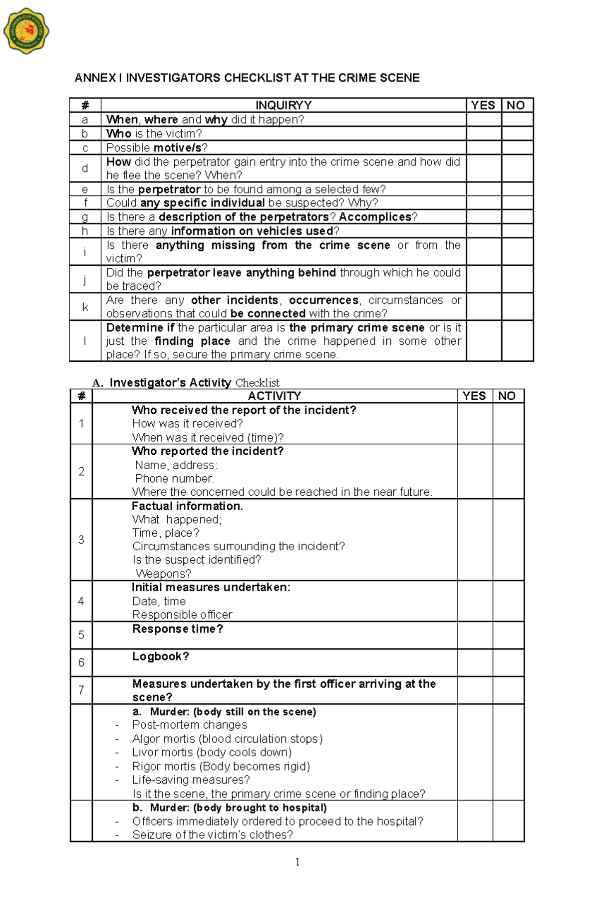 Investigator's Checklist at the Crime Scene - ANNEX I INVESTIGATORS ...