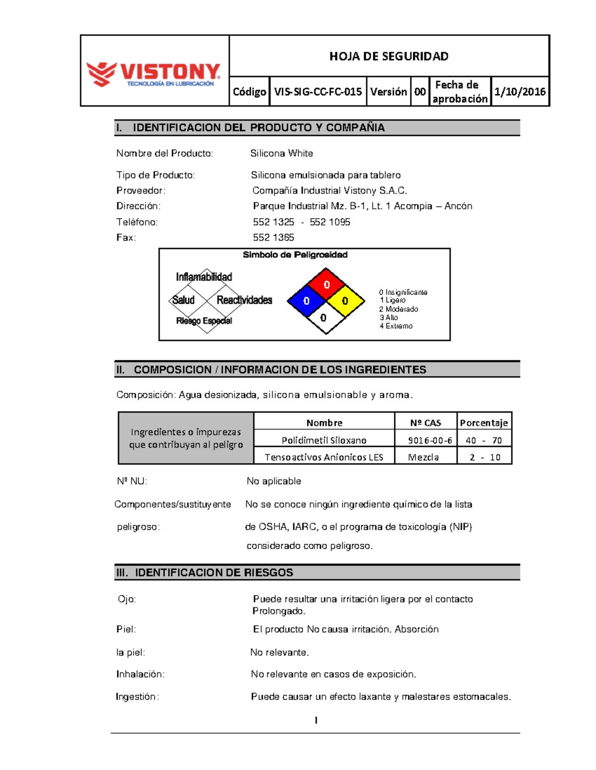 MSDS Silicona White - ninguna - Código VIS-SIG-CC-FC- 015 Versión 00 ...